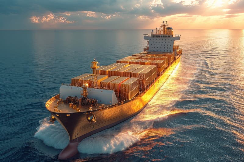 A Ship with Gold Containers Carries Cargo by Sea. Container Ship Stock ...