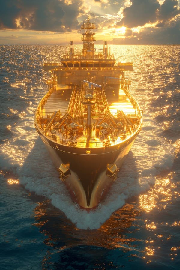 A Ship with Gold Containers Carries Cargo by Sea. Container Ship Stock ...