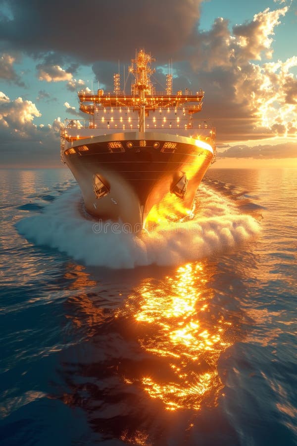 A Ship with Gold Containers Carries Cargo by Sea. Container Ship Stock ...