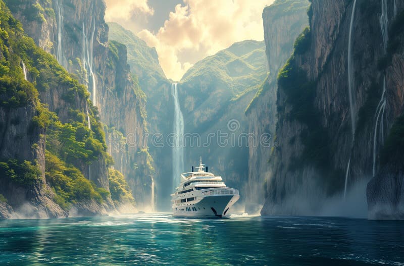 Ship Gracefully Navigates the Cascading Waters of a Stunning Waterfall ...