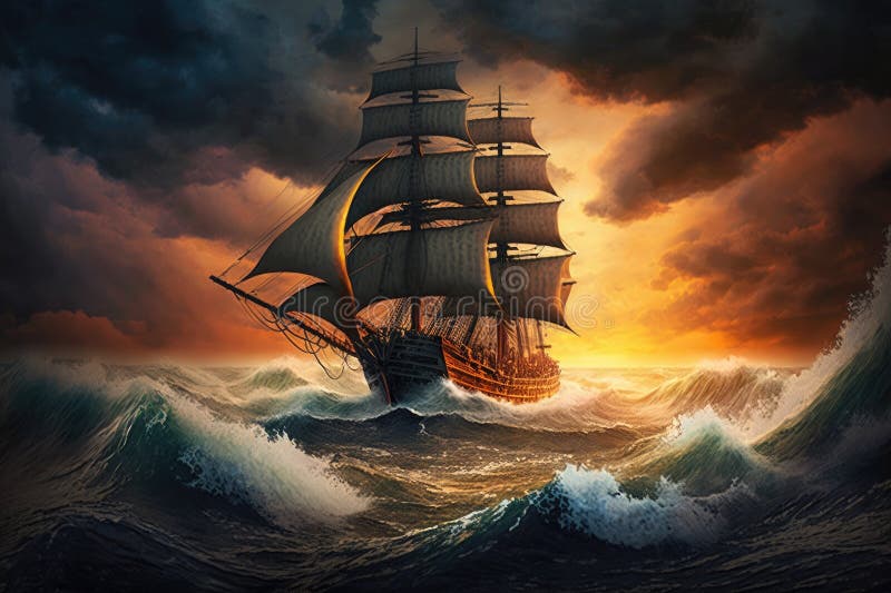 Ship on High Waves Sailing in a Storm Against Backdrop of Setting Sun ...