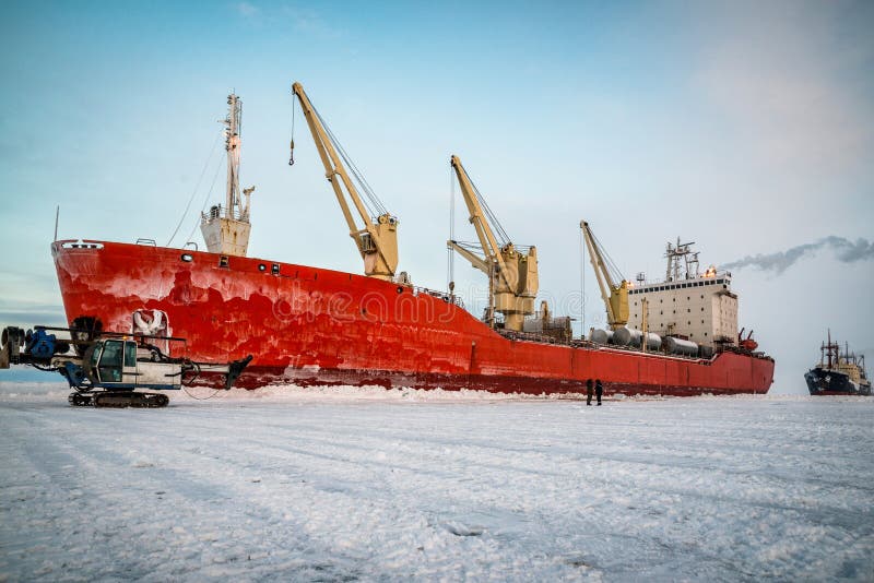 Unloading a Ship on the Ice. Stock Image - Image of ocean, loading ...