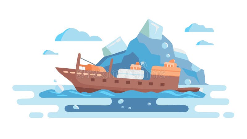 Ship in Iceberg Field, Polar Exploration and Climate Challenges, Vector ...