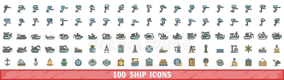 100 Ship Icons Set, Color Line Style Stock Vector - Illustration of ...