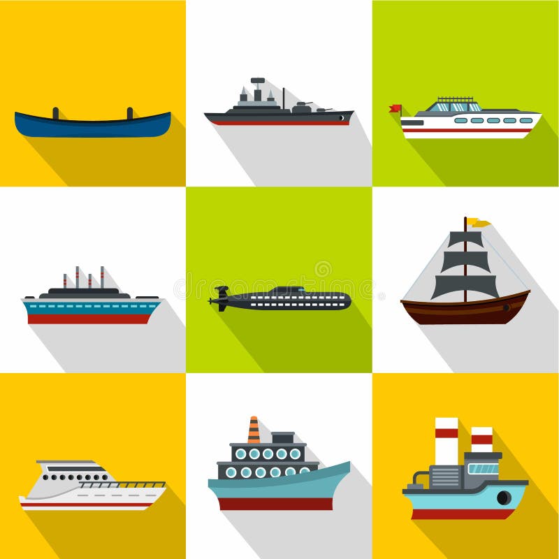 Ship icons set, flat style stock vector. Illustration of boat - 84622431