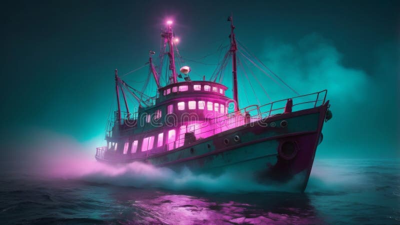 A Ship Illuminated by Pink Lights Cruises through a Teal Sea Stock ...