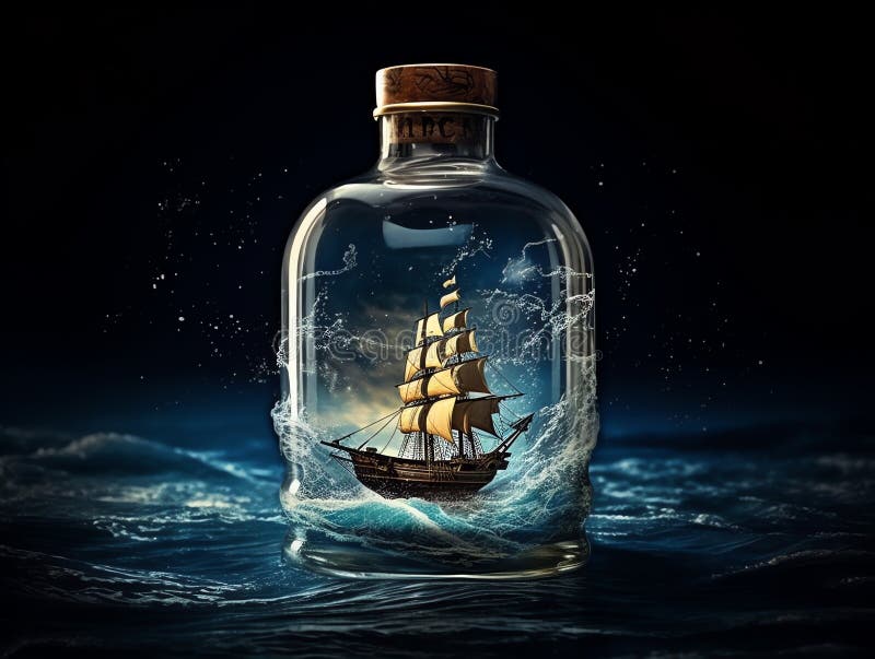 Ship Inside of a Bottle on the Ocean Stock Illustration - Illustration ...