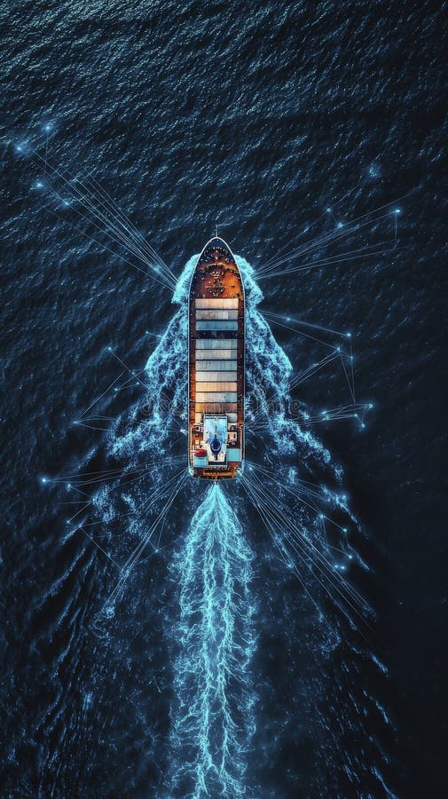 Ship Leaving Intricate Digital Trails in Ocean Stock Illustration ...