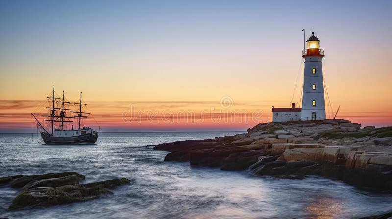 Ship and Lighthouse, Generative AI Stock Image - Image of rack, port ...
