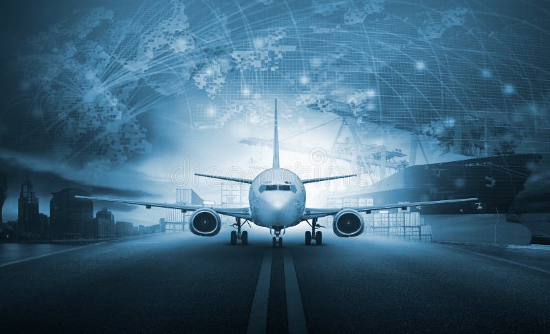 Ship Loading Container in Import - Export Pier and Air Cargo Plane ...