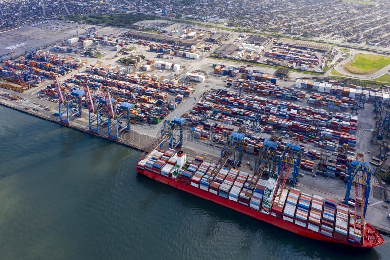 Ship Loading at Santos Port in Sao Paulo, Brazil, Seen from Above Stock ...