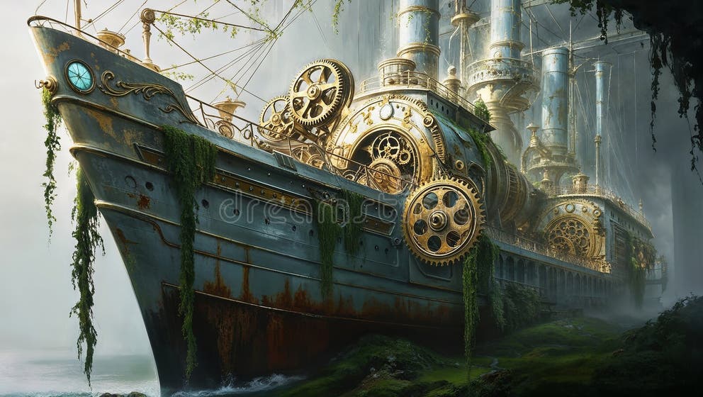 Ship with a Lot of Gears and a Lot of Moss on it Stock Illustration ...