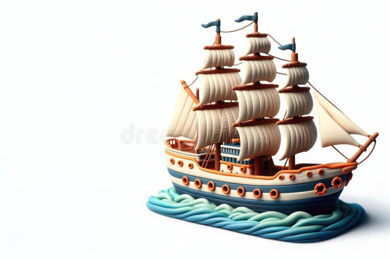 A Ship Made of Plasticine with White Sails on the Waves. Space for Text ...