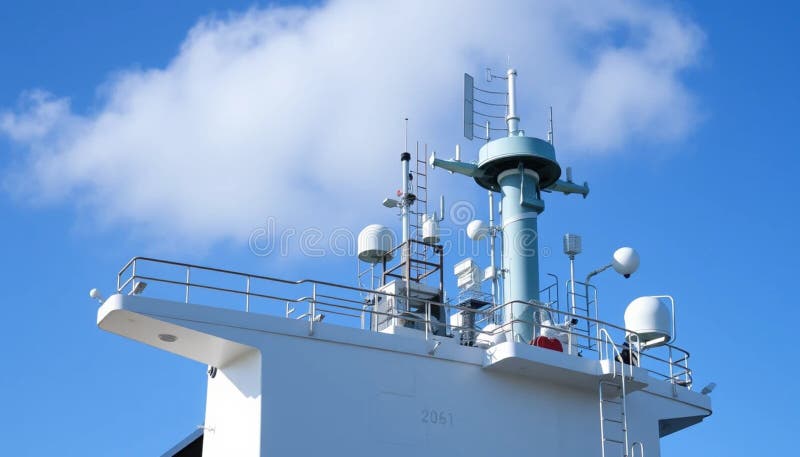 Ship Mast with Radar and Communication Systems Against a Blue Sky Stock ...