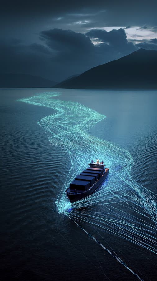 Ship Meandering through Digital Waters at Dusk Stock Illustration ...