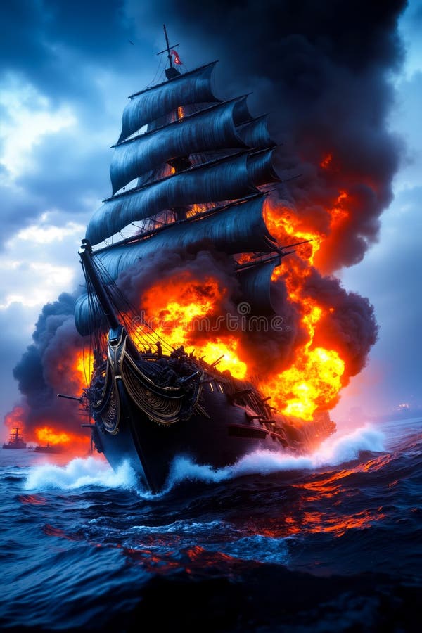 A Ship in the Middle of a Large Body of Water with Flames Coming Out of ...
