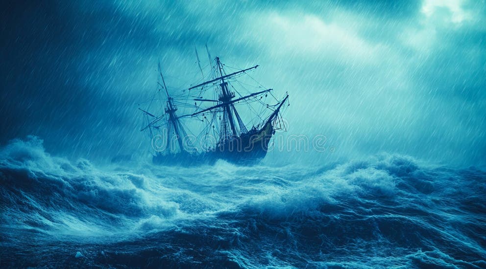 A Ship in the Middle of a Stormy Sea in the Rain Stock Photo - Image of ...