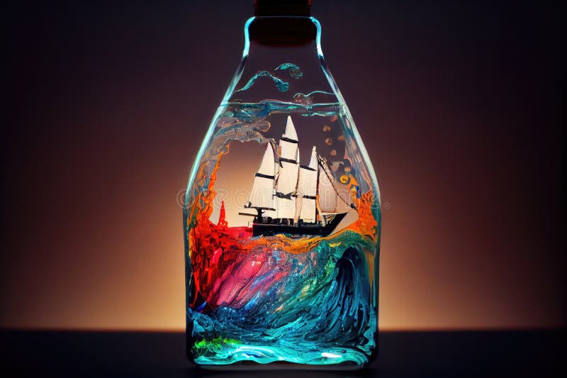 Ship Model in Bottle, Filled with Colored Water and Lit from the Inside ...