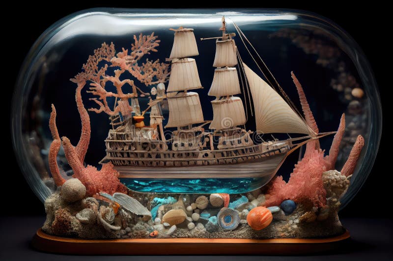 Ship Model in Bottle Surrounded by Collection of Rare Shells and Corals ...