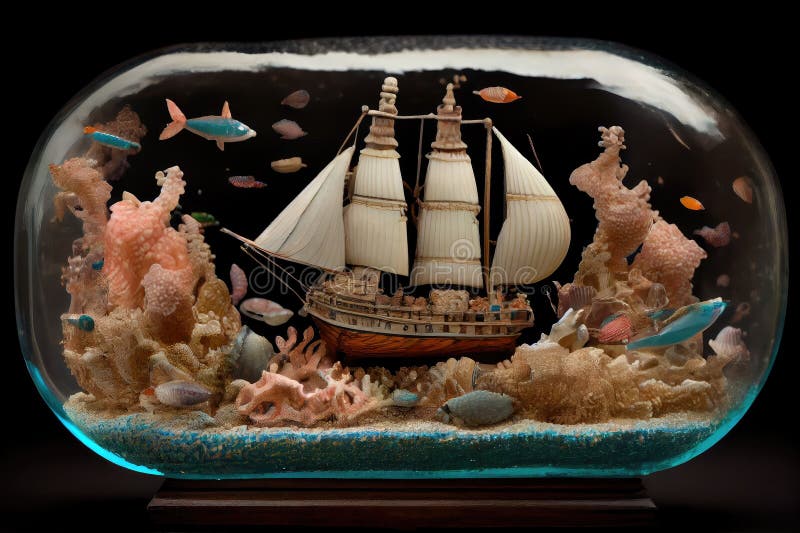 Ship Model in Bottle Surrounded by Collection of Rare Shells and Corals ...