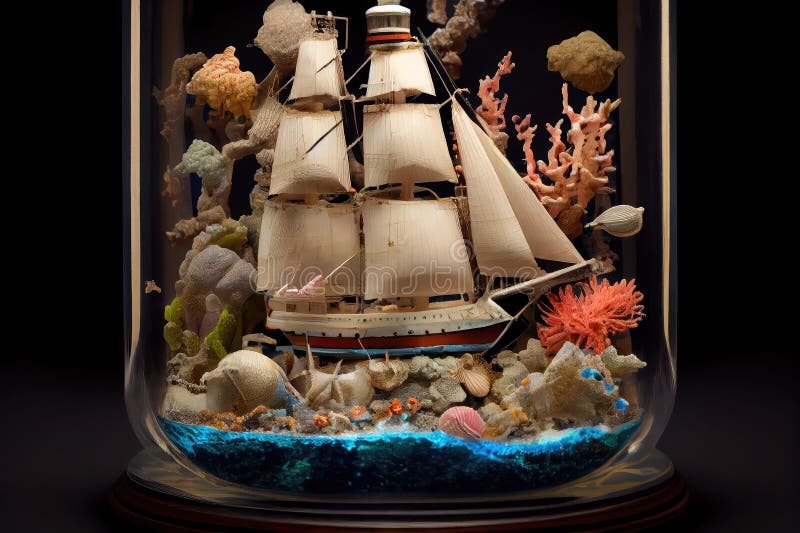 Ship Model in Bottle Surrounded by Collection of Rare Shells and Corals ...