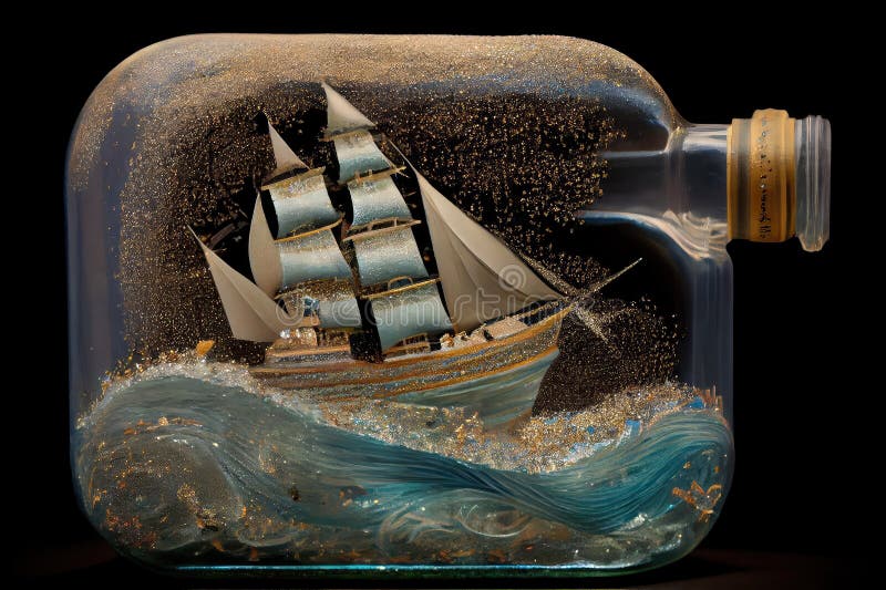 Ship Model in a Bottle with Waves Made of Glitter and Starfish Stock ...