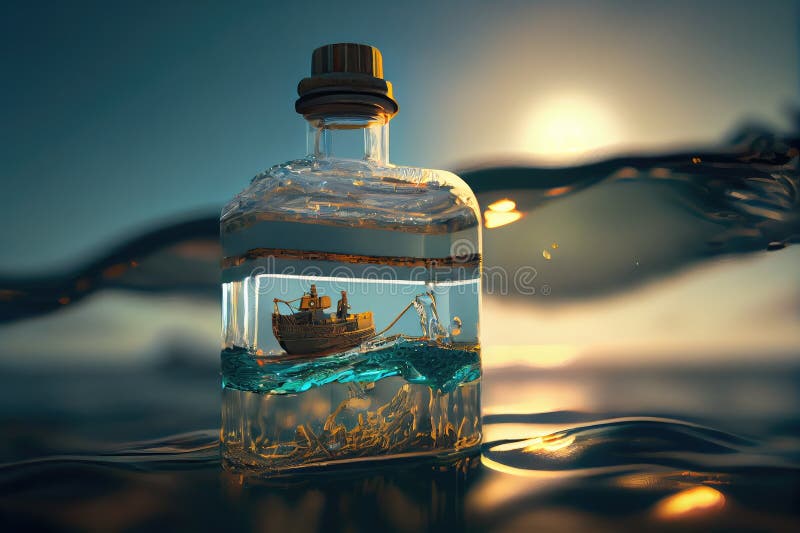 Ship Model, Floating in Bottle of Clear Water, with Sunlight Shining ...