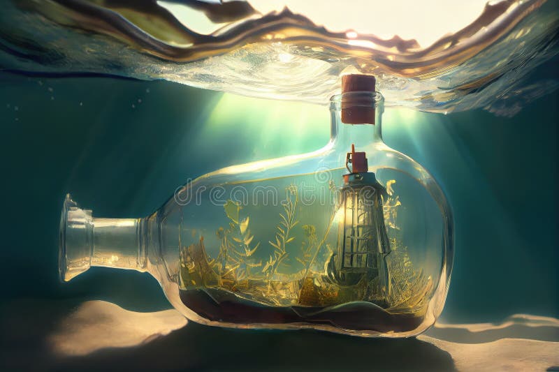 Ship Model, Floating in Bottle of Clear Water, with Sunlight Shining ...
