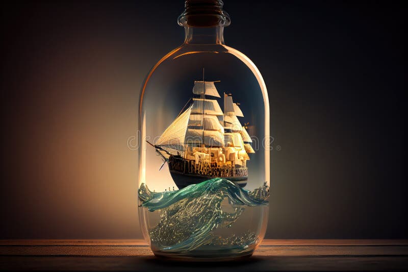 Ship Model Floating in Bottle, with Gentle Waves and Sunlight Shining ...