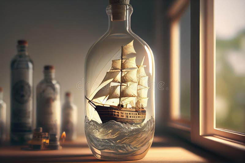 Ship Model Floating in Bottle, with Gentle Waves and Sunlight Shining ...