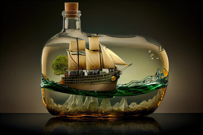Ship Model Floating in Bottle with Stream of Water Stock Illustration ...