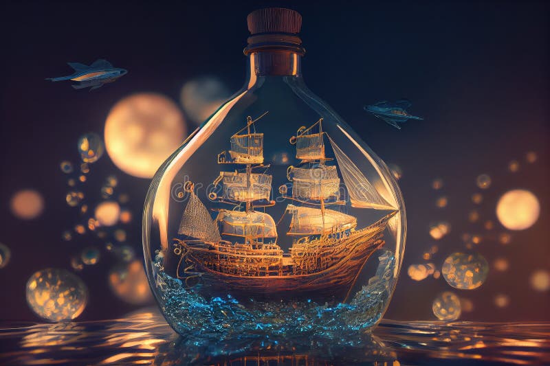 Ship Model Floating in Bottle, Surrounded by Shimmering Water and Light ...