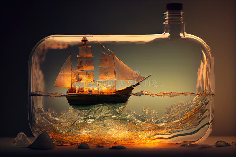 Ship Model Floating in Bottle, Surrounded by Shimmering Water and Light ...