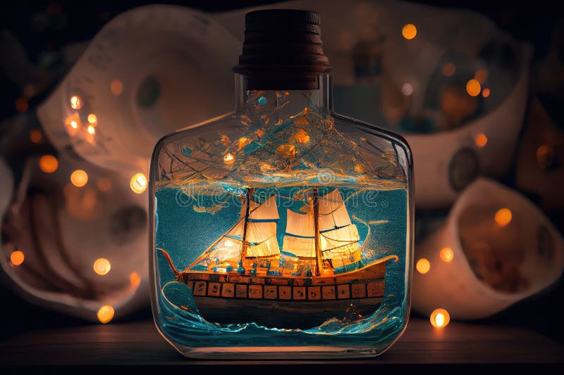 Ship Model Floating in Bottle, Surrounded by Water and Lights Stock ...