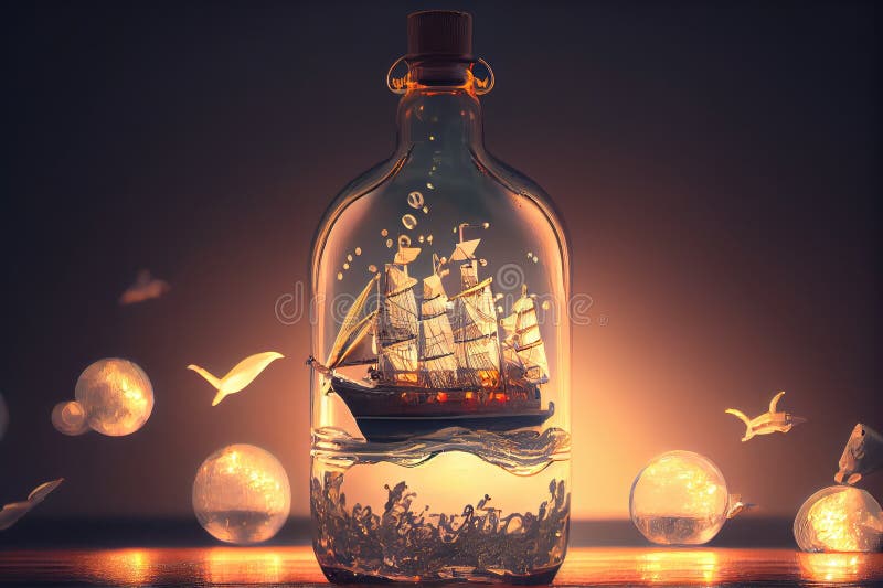 Ship Model Floating in Water-filled Bottle, with Light Shining through ...