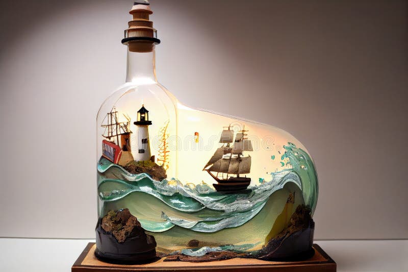 Ship Model with Lighthouse and Beach Scene in Bottle Stock Illustration ...
