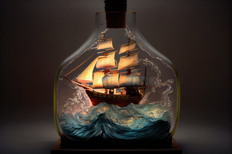 Ship Model with Waves, Stormy Seas and Lightning in Bottle Stock Image ...