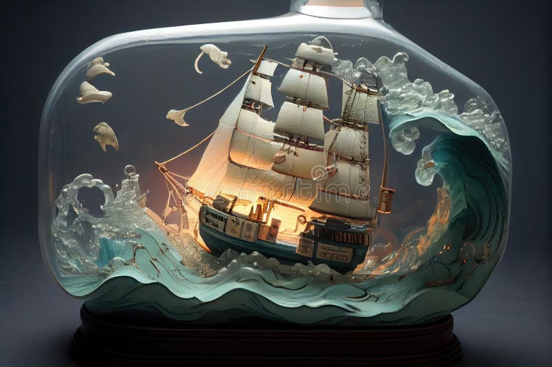Ship Model with Waves, Stormy Seas and Lightning in Bottle Stock ...