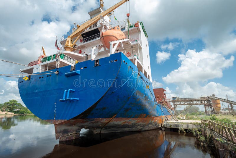 Ship Moored at Pier Under Loading. View from the Aft Stern Prow Stock ...