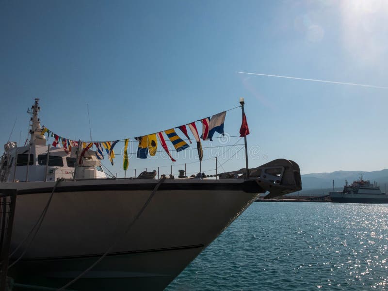 Ship with Flags in the Fog Early Morning. Regatta Competition Stock ...