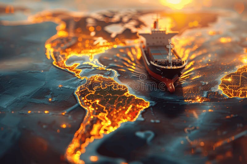 Ship Navigating through Illuminated Map of the Americas Highlighting ...