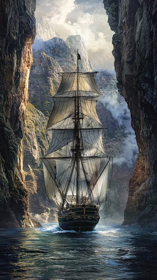 Ship Navigating Narrow Rocky Passage in Dramatic Landscape Stock Photo ...