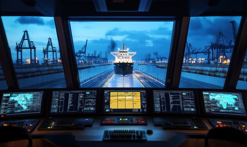 Ship Navigating Port with Advanced Control Systems, Large Cargo Vessel ...