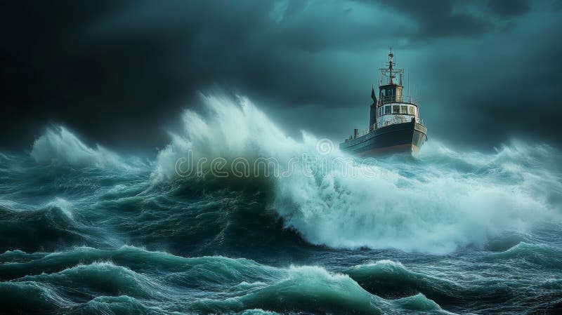 Ship Navigating Stormy Seas by Lighthouse Amidst Towering Waves and ...
