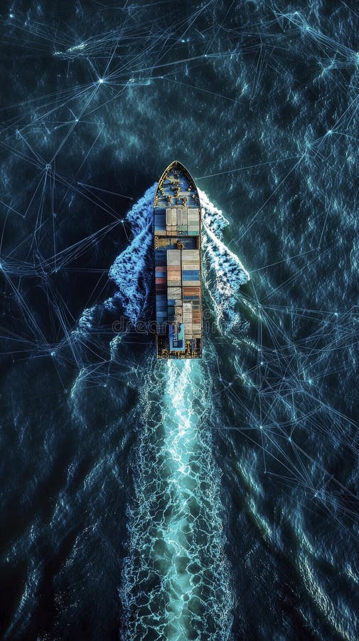 Ship Navigating a Web of Digital Ocean Currents Stock Illustration ...