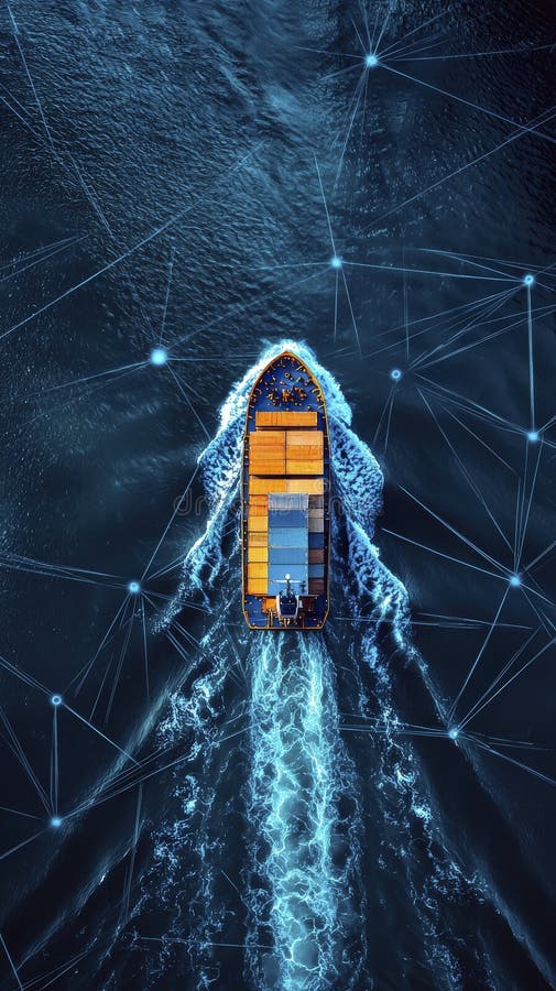 Ship on Ocean with Ethereal Web of Digital Lighting Stock Illustration ...