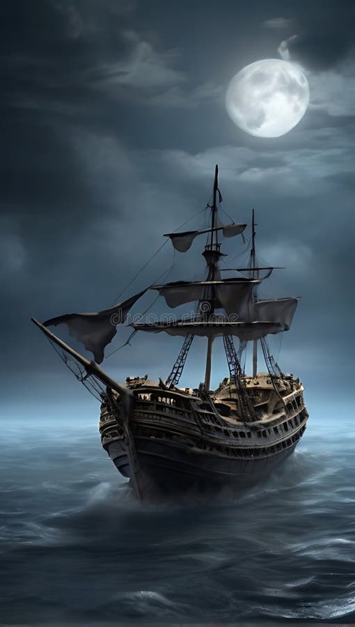 A Ship in the Ocean with a Full Moon Behind it Stock Illustration ...