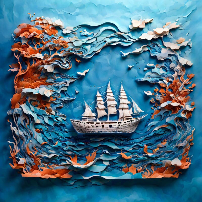 Ship in the Ocean Papercut Style Stock Illustration - Illustration of ...
