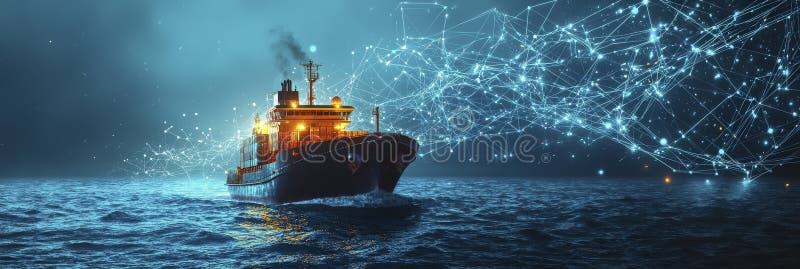 Ship in Ocean Under Digital Network-themed Sky Stock Illustration ...