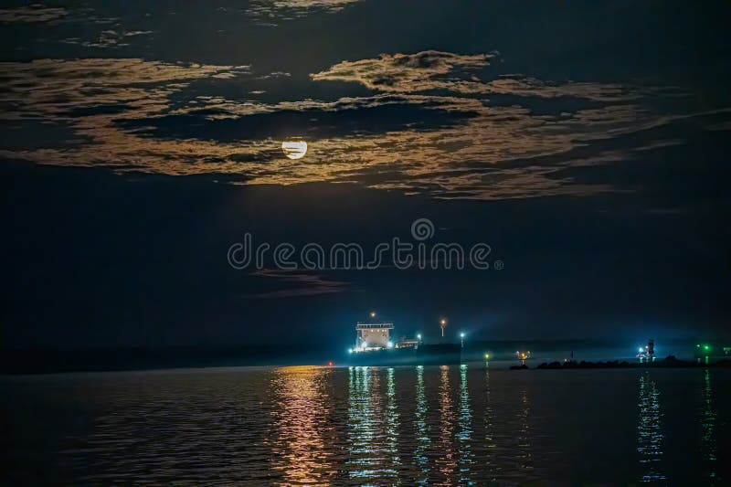 Ship Passing Under Moon on River Stock Photo - Image of wave, river ...